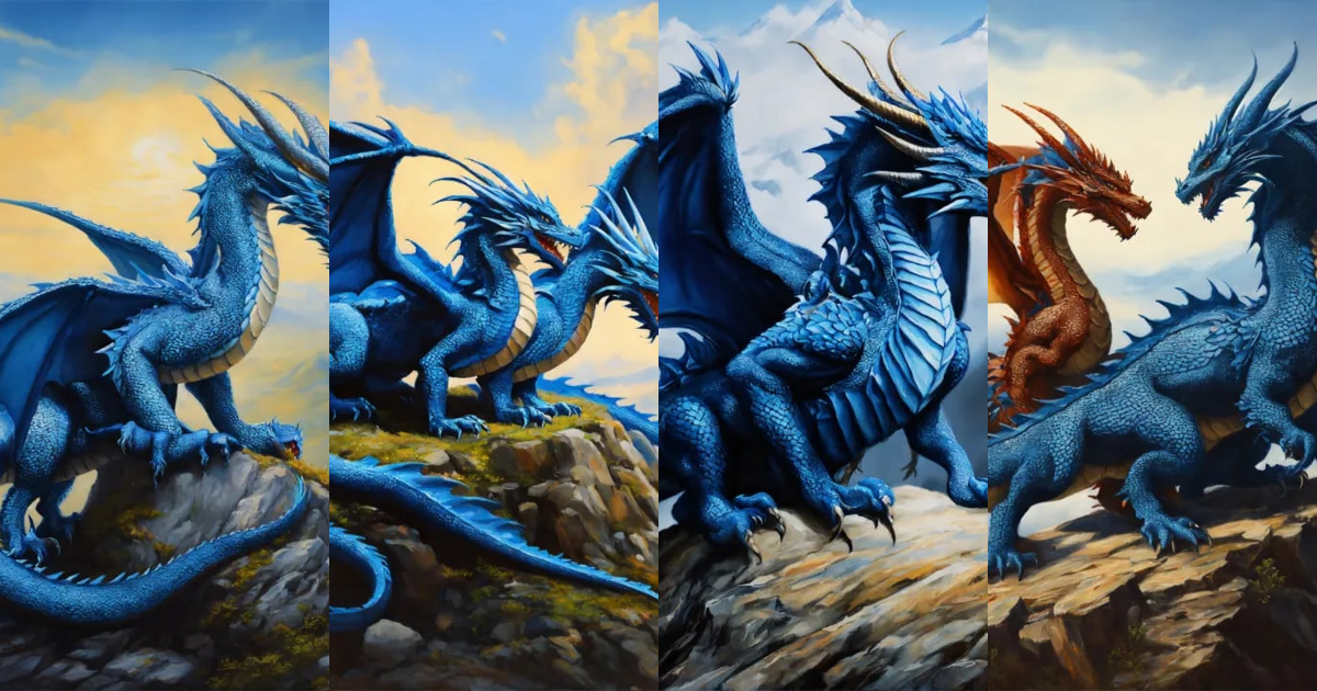 Lexica - Oil painting of two blue dragons touching each other on top of ...