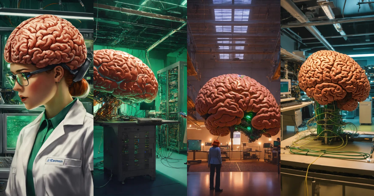 Lexica - In the center of the room, a colossal human brain is ...