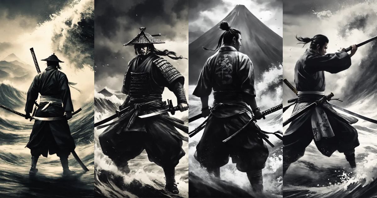 Lexica - Black and white samurai swinging a katana, tsunami painting in ...