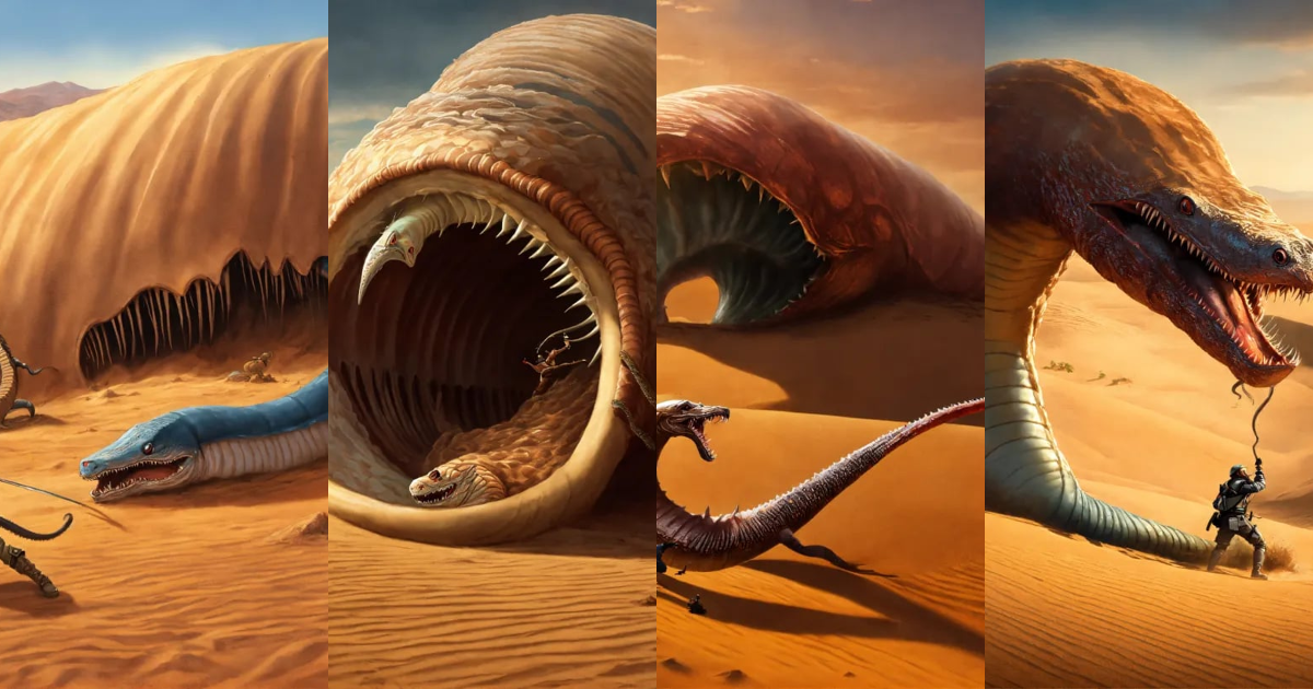Lexica - A Dune sandworm fighting a Graboid sandworm