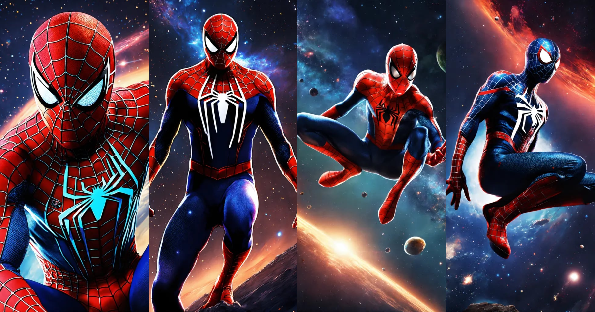 Lexica - Spiderman in space, 2D render, full-body view, space background