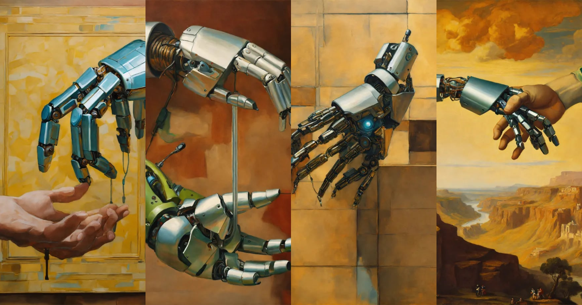 Lexica - A painting of A robot hand connecting to a human hand like the ...