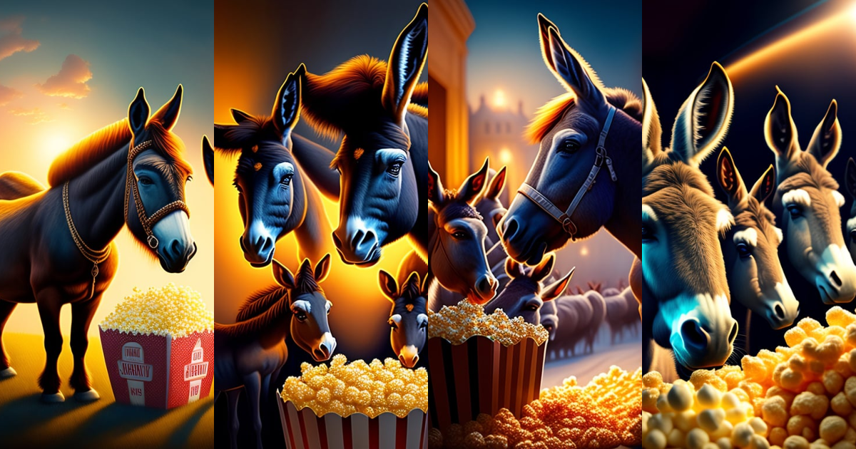 Lexica - A row of ((happy)) donkeys eating popcorn with fascination and ...