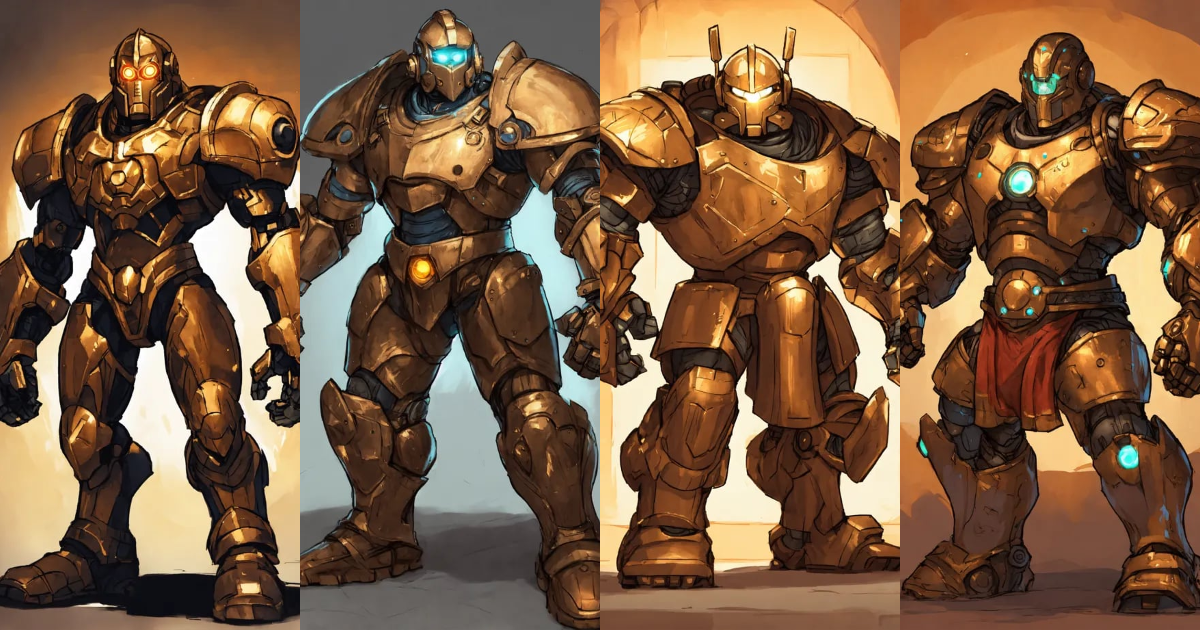 Lexica - Drawing of buff ancient bronze warforged robot holding fists in a boxers pose. white ...