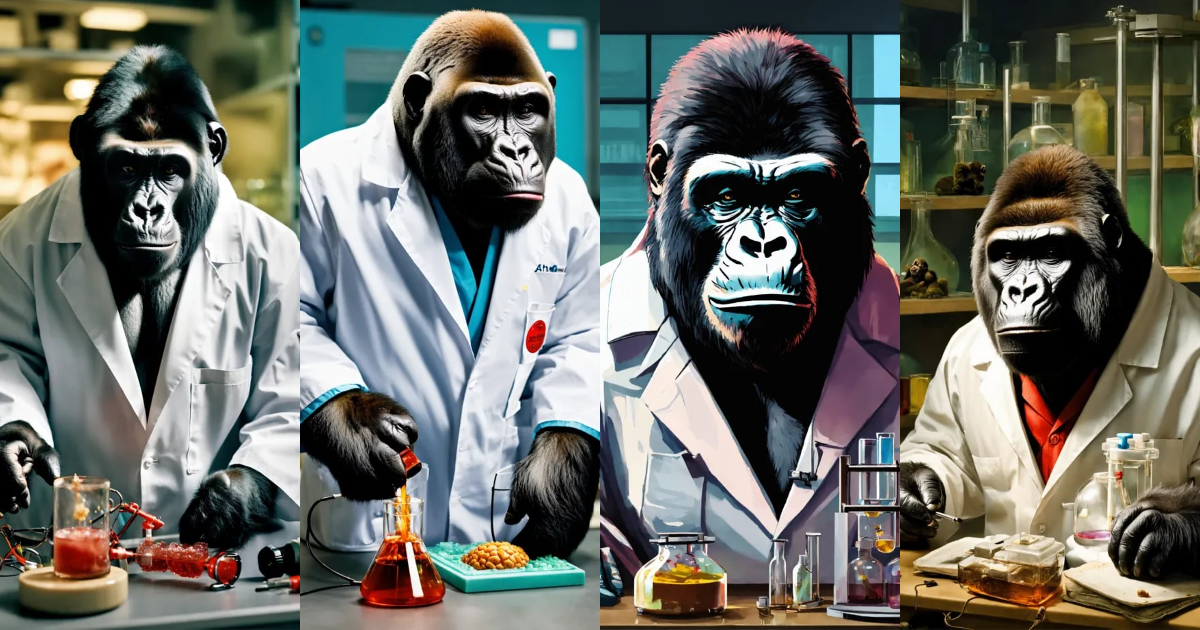 Lexica - Scientist gorilla with its brain exposed, in a lab coat