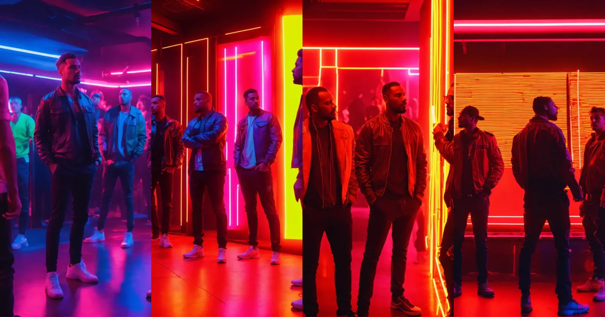 Lexica - Inside a club, one man is in front of 4 others, the 4 ones are ...