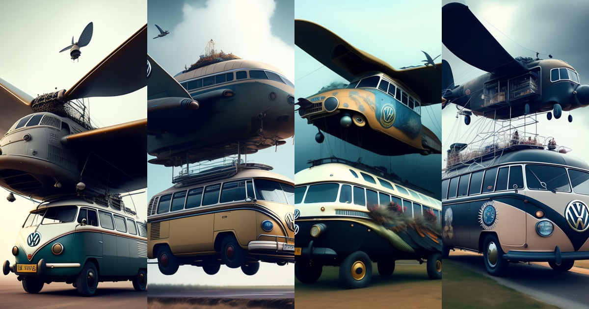 Lexica - Vw type 2 bus flying flapping wings over the sky ...