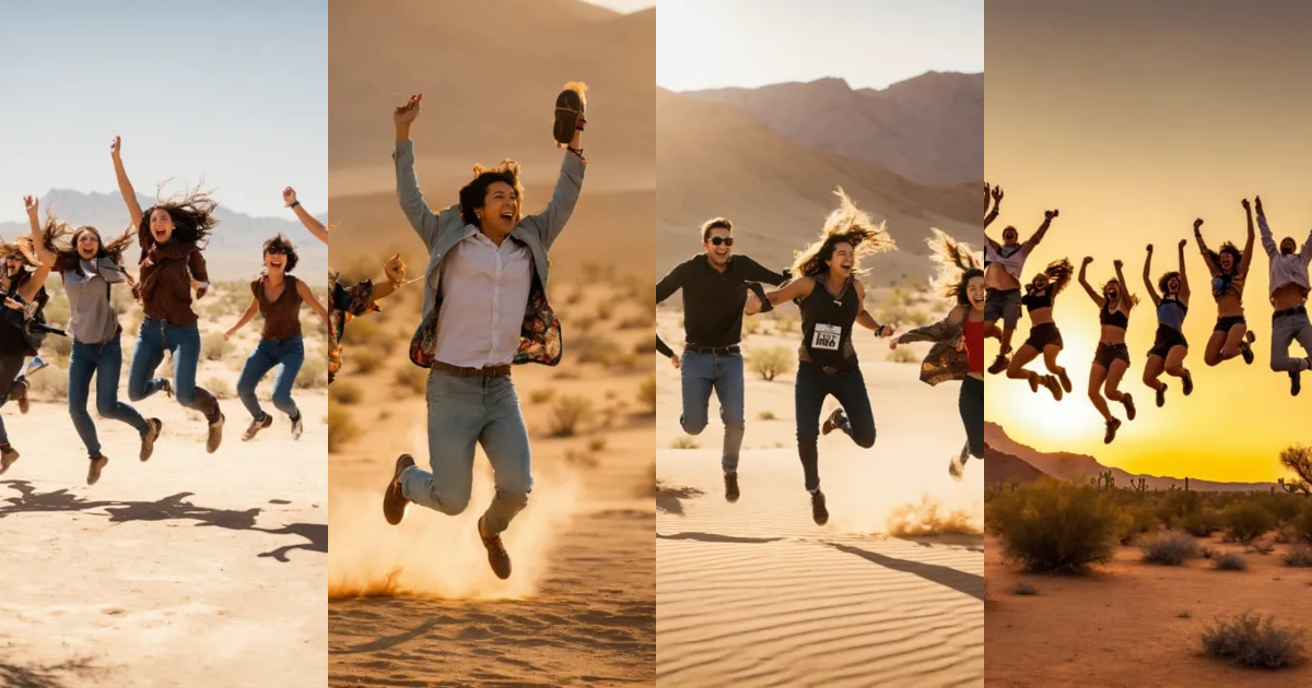 Lexica - Excited crowd jumping in the desert air.