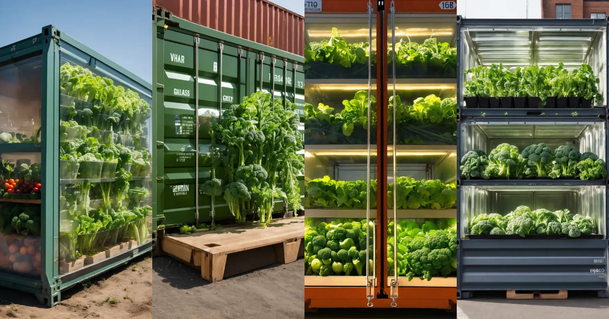Lexica - Glass shipping container with and green vegetables growing out ...