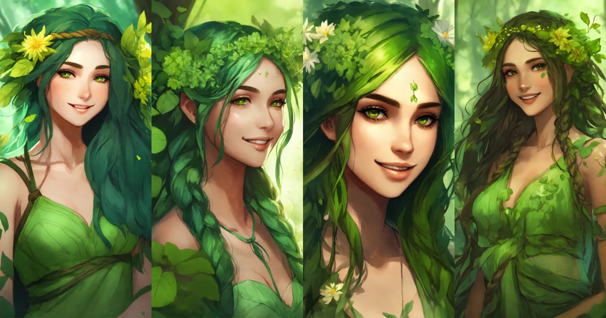 Lexica - Green skin dryad girl, long dark braided hair, smile, flowers ...