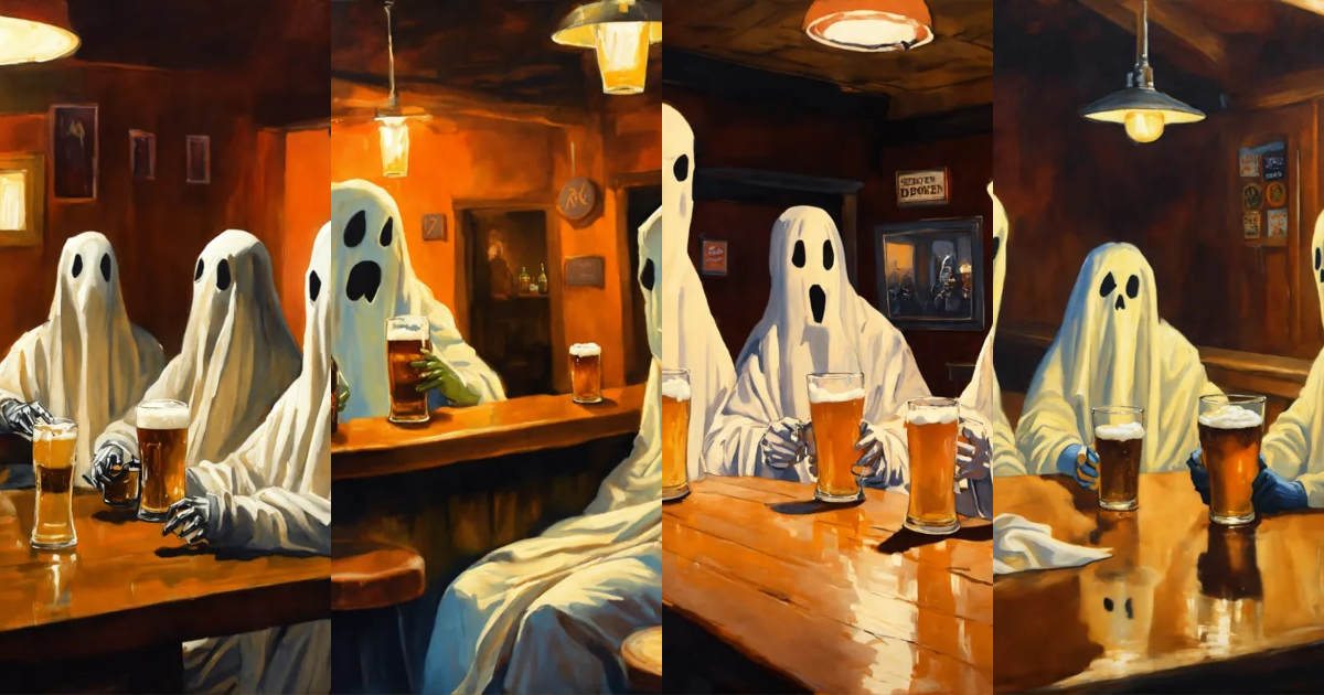 Lexica - Painting of bedsheet ghosts drinking beer at a bar. Greg ...