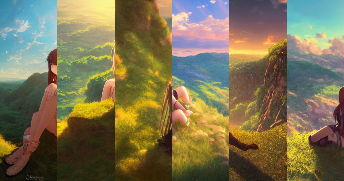 Lexica - Anime Girl Sitting on Edge of Cliff at a Green Valley at ...