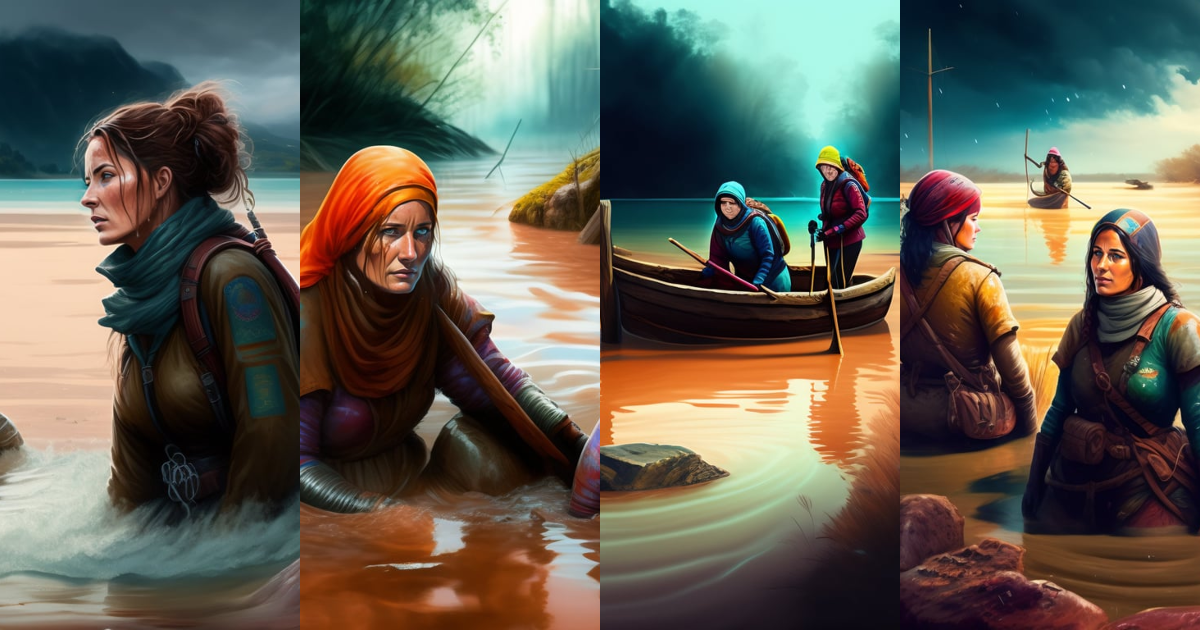 Lexica - Coloured sketch art style, 2 scared explorer women sinking in ...