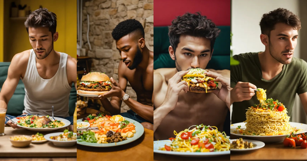 Lexica - A skinny man overindulging in food