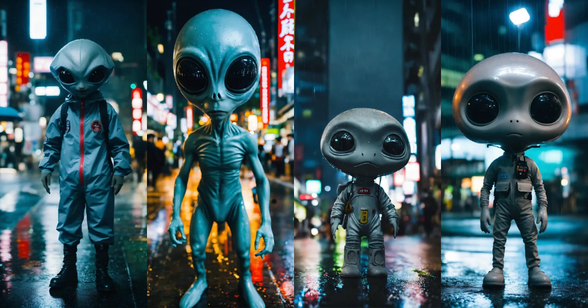 Lexica - Very cute, realistic grey alien standing in the street of ...