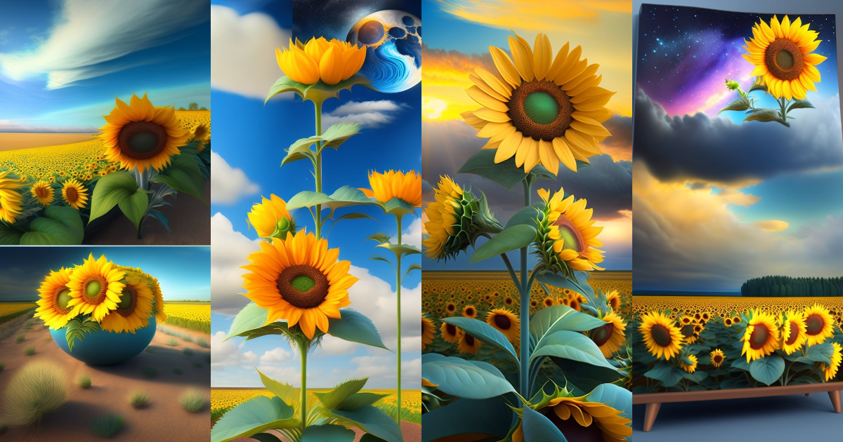 Lexica - 3D Surrealism, sunflowers, Van Gogh sky