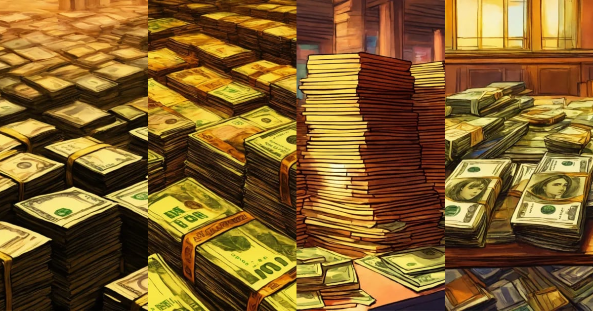 Lexica - A hand drawn painting of many stacks of money on a big table ...