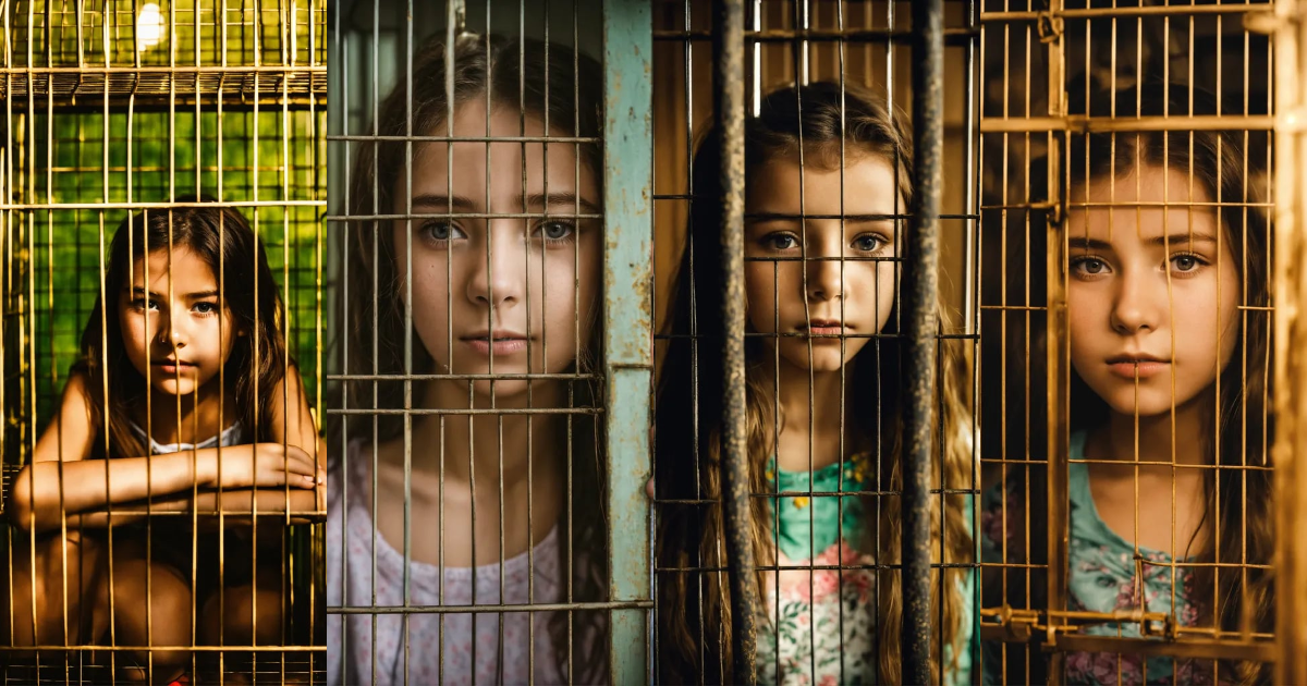 Lexica - 13 year old girl in a cage, looking at the camera