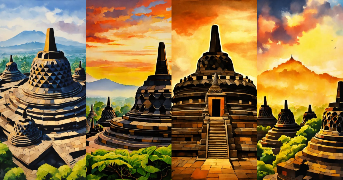 Lexica - Borobudur temple. Painting. Majestic.