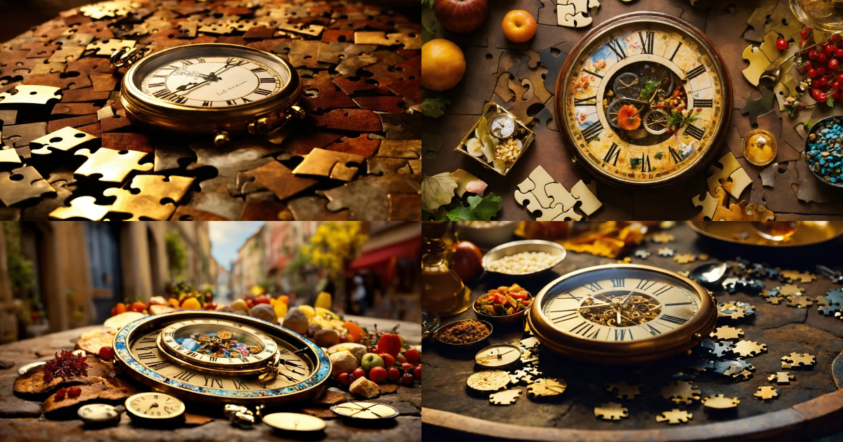 Lexica - Timepiece as centerpiece of a feast on a cobble street, puzzle ...