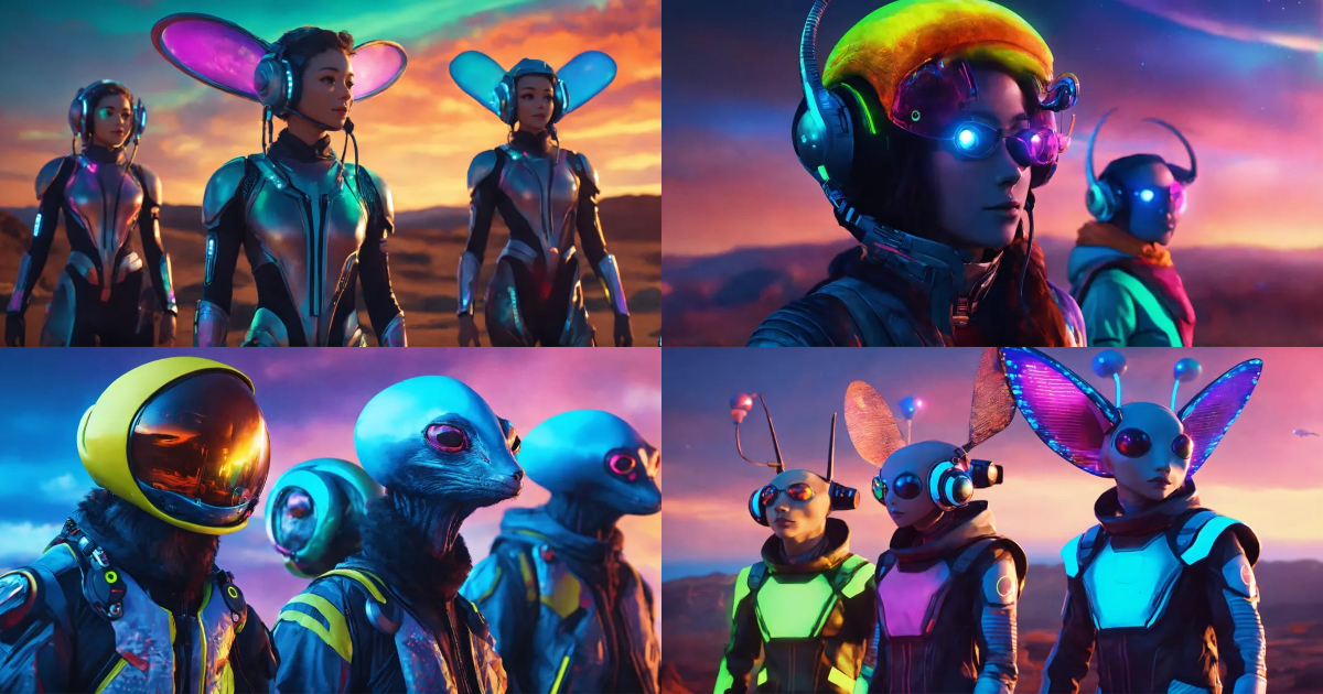 Lexica - Zoom out of 4 happy creatures wearing detailed alien ear ...