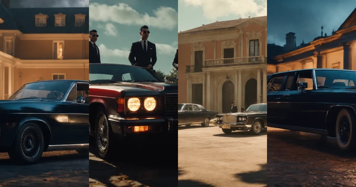 Lexica - Group of mafia male with riffles, mansion day time, black car ...