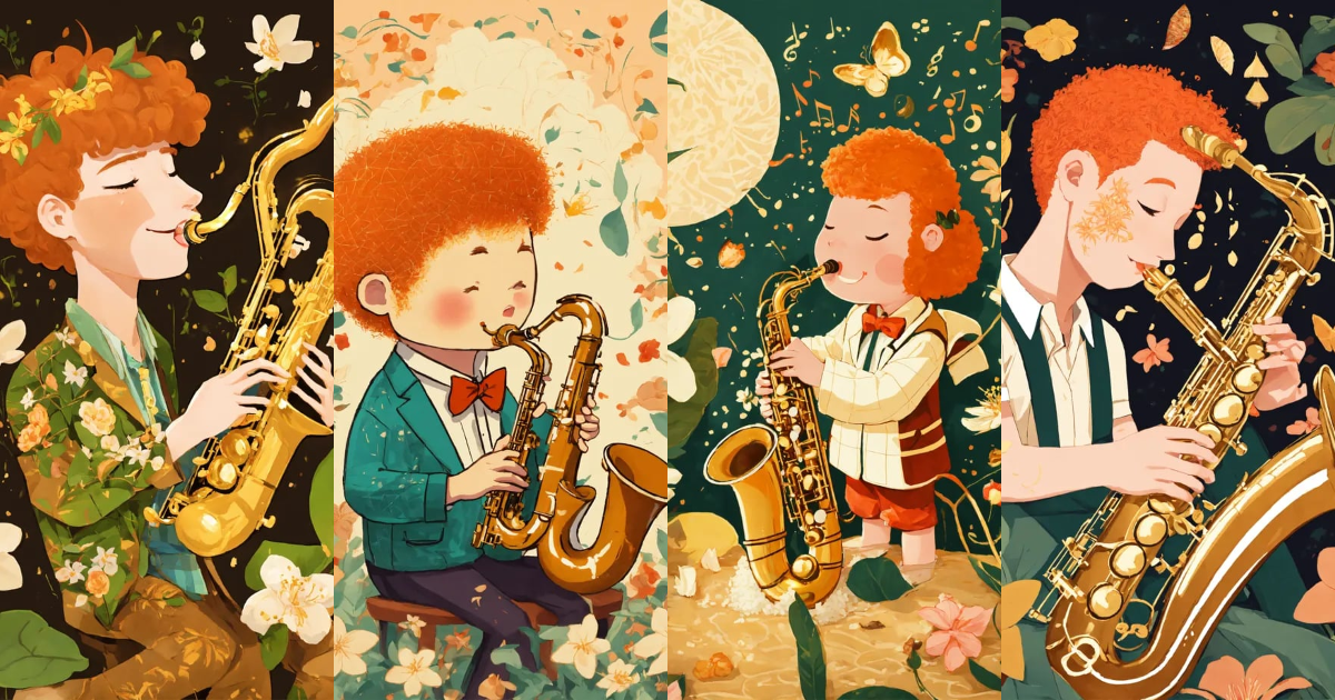 Lexica - Ginger male playing a saxophone from which musical notes and ...