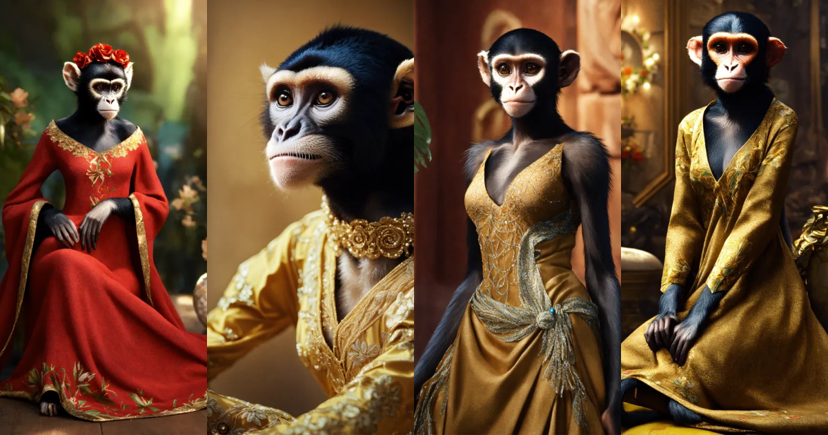 Lexica - Female spider Monkey posing with a elegant dress, realistic 3d
