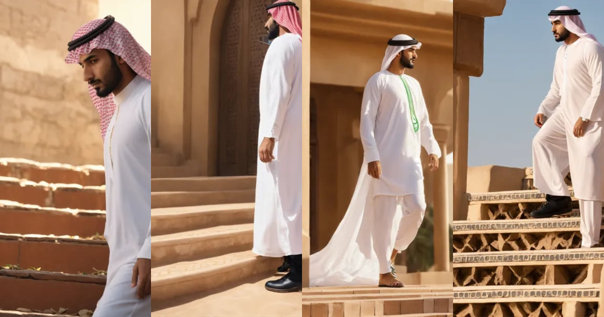 Lexica - Saudi man climbing up steps, looking right, sideway, moving up ...