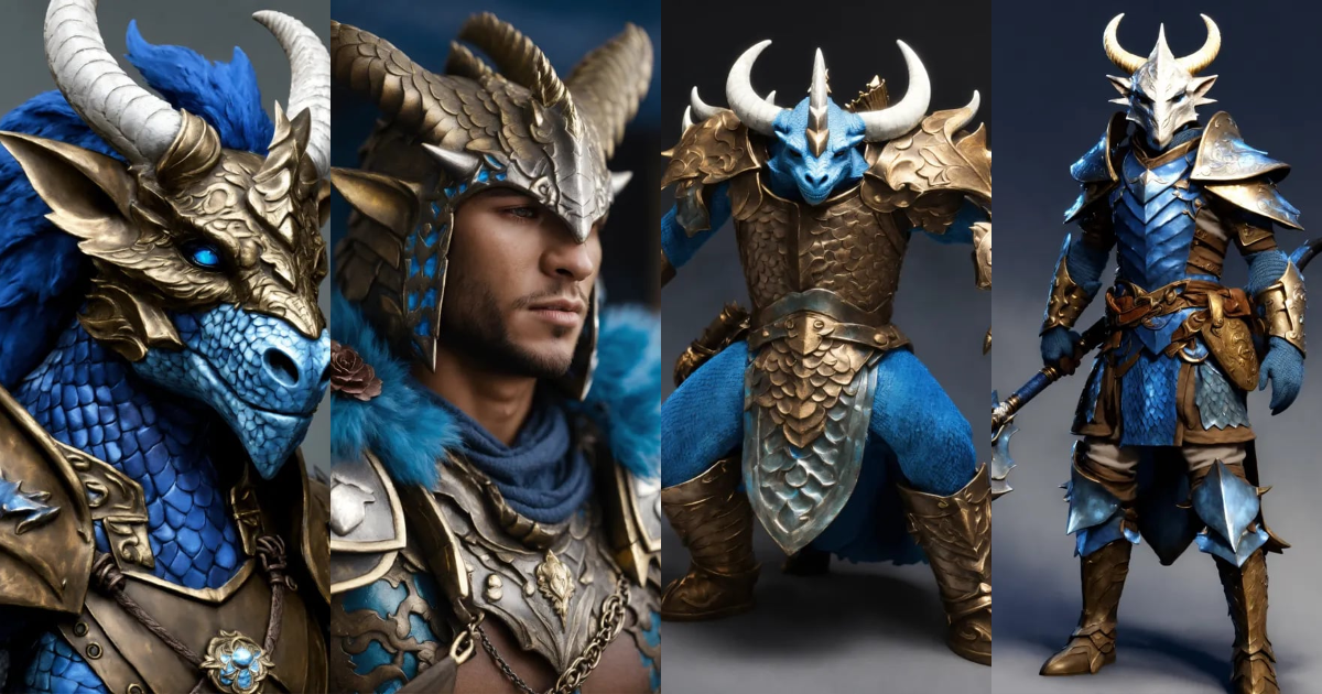 Lexica - Dragonborn, male, bronze, silver chest scales, white blue horns