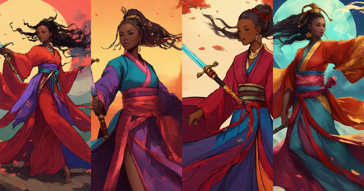 Lexica - An African woman cultivator in jewel tone flowing robes flying ...