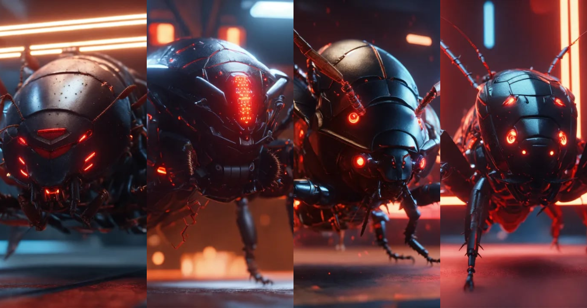 Lexica - Zoom out shot of standing black cockroach faced humanoid with ...