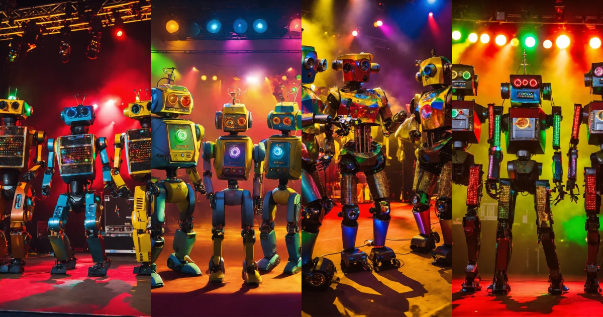 Lexica - A group portrait of 3 robots on stage dancing at a reggae festival
