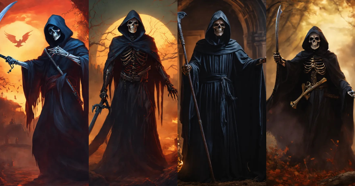 Lexica - A grim reaper with his arm outstretched and pointing to the right