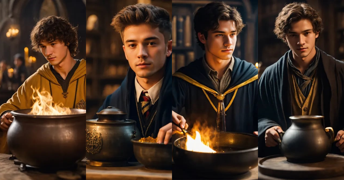 Lexica - Cute man young wizard, inside Hogwarts with a cauldron in his ...