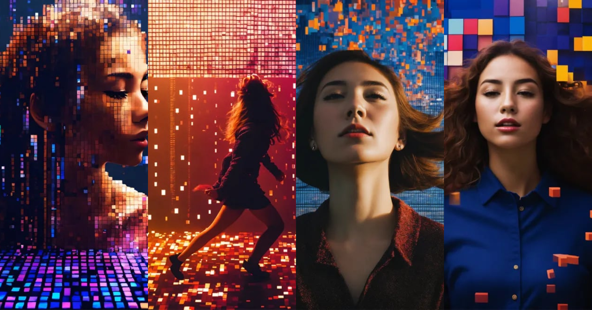 Lexica - A woman being pixelated and the pixels detaching from her and floating away