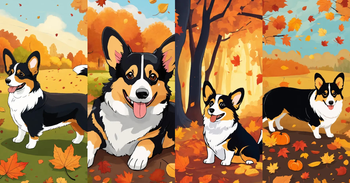 Lexica - 2 cartoon black tri colored corgis autumn activities