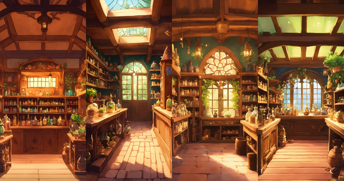 Lexica - Inside of a very cute enchanted potions shop in Hayao Miyazaki ...