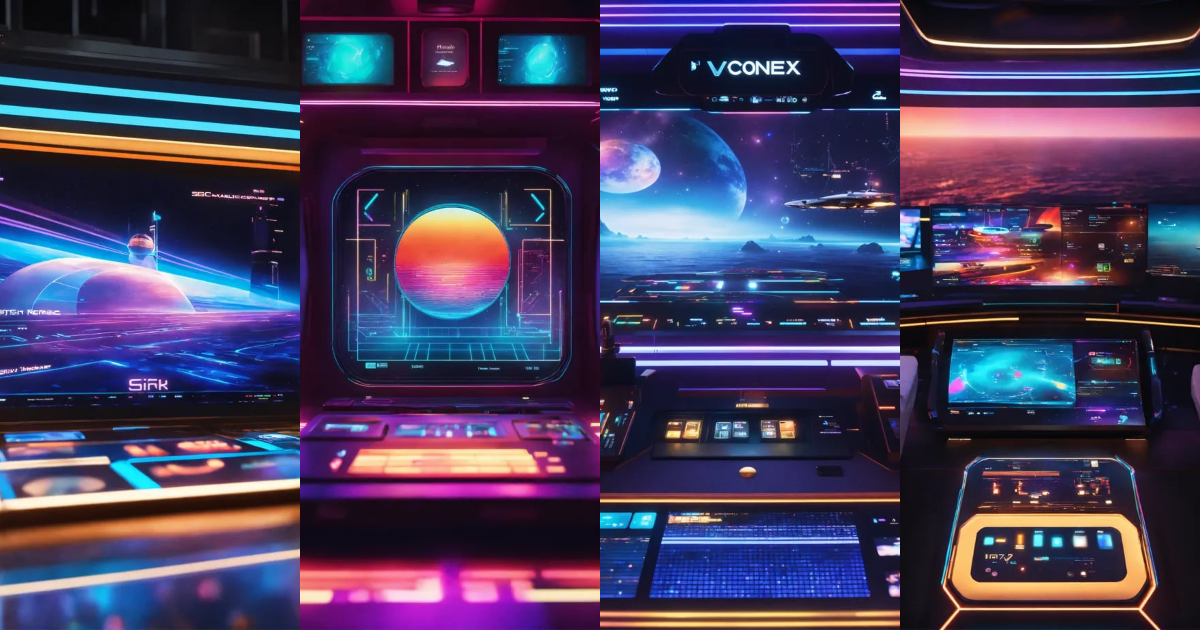 Lexica - Close up of 1 big screen in the center of a bunch of big ...