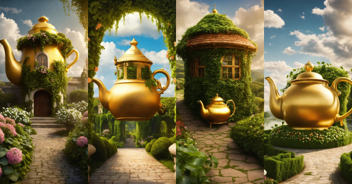Lexica - A large golden teapot building covered in ivy with a long walk ...