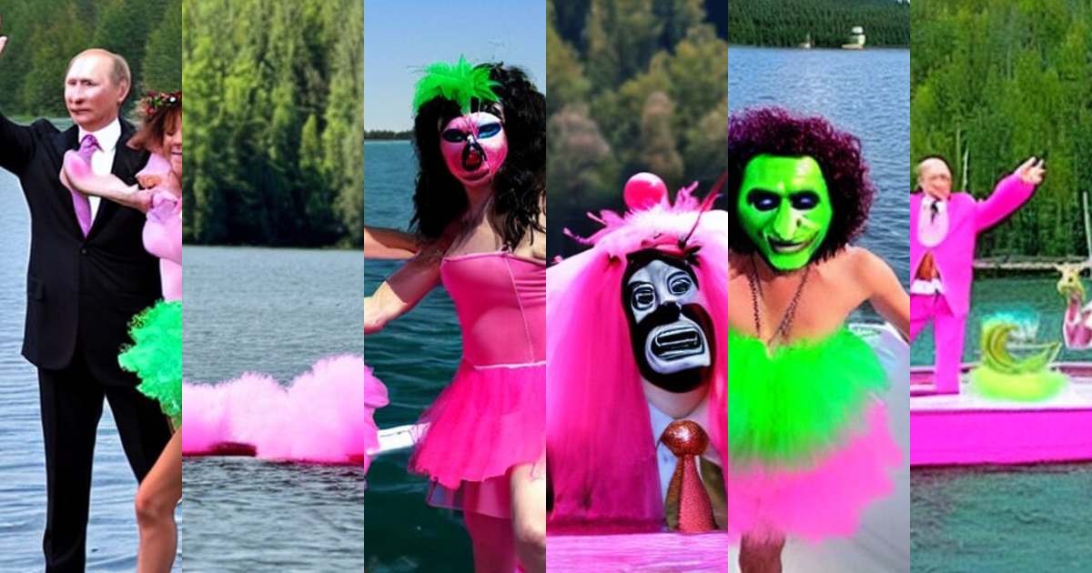 Lexica - ( putin as old gregg ) wearing a pink tutu, on a boat on a lake