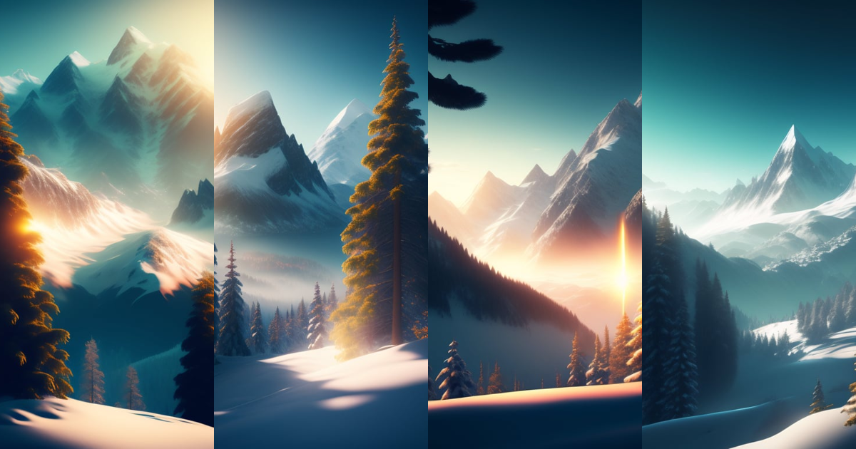 Lexica - Flare on snowy mountains, green forest background, sunny day, perfect symmetry, dim ...