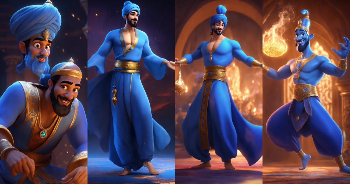 Lexica - Create a 3D rendering of a magical blue Arabian male genie ...