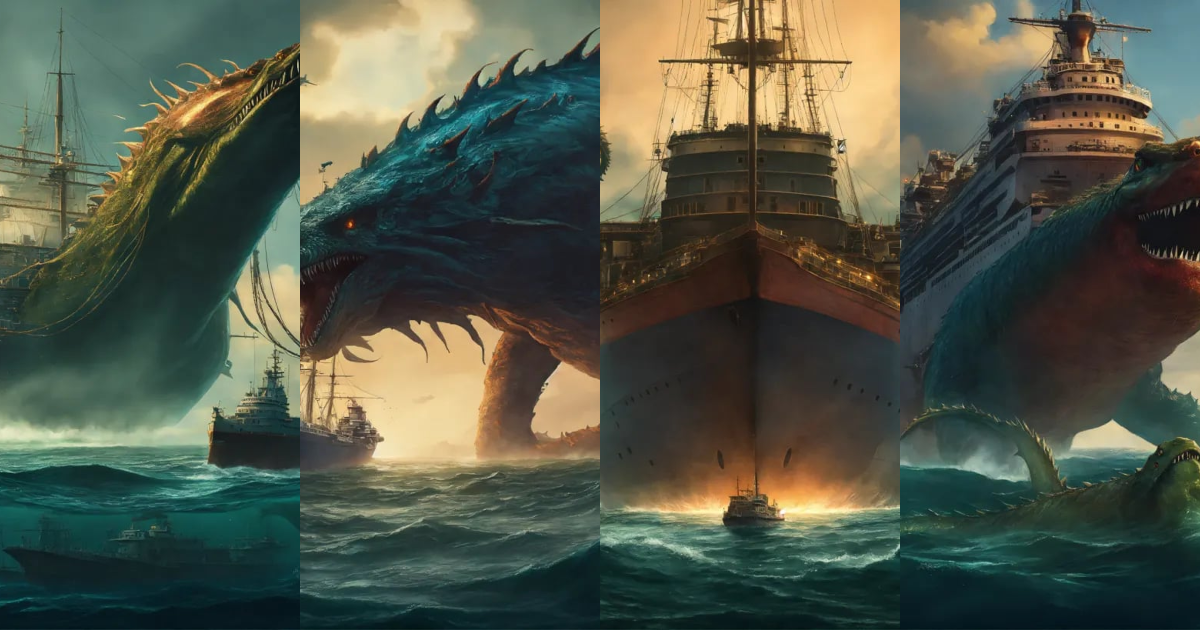 Lexica - Giant sea monster looming over a massive ship, making the ship ...