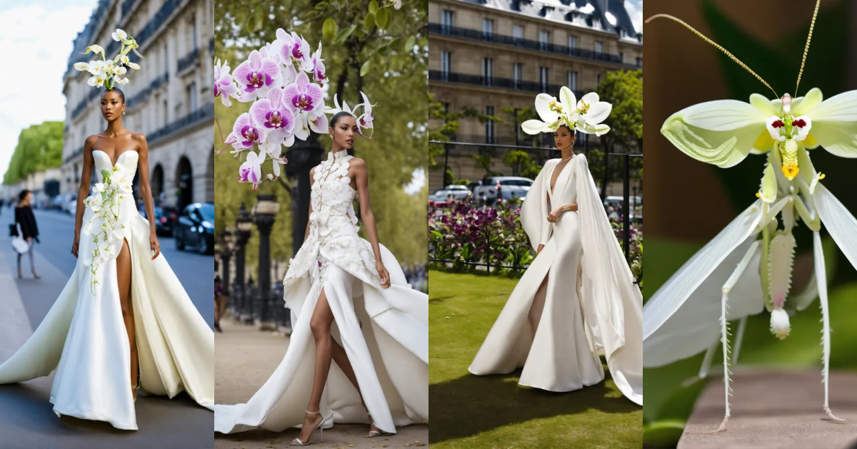 Lexica - An orchid praying mantis wearing a haute couture white dress ...