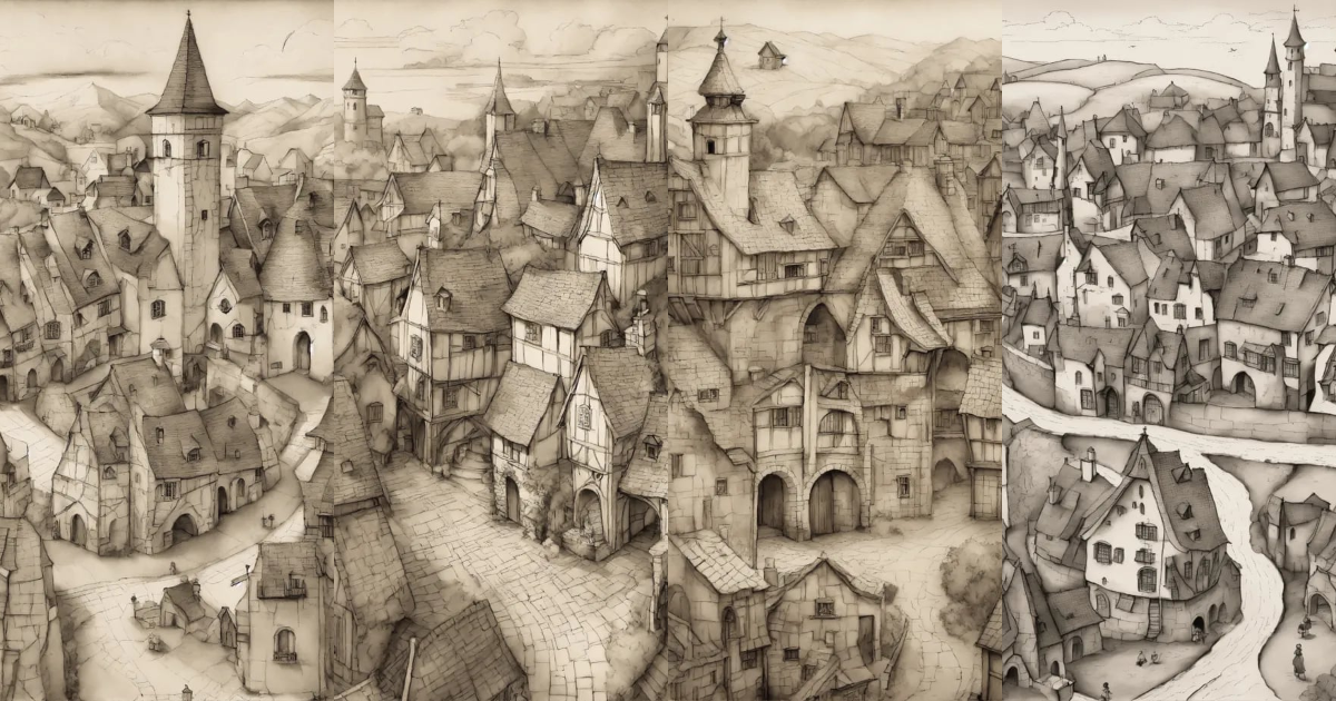 Lexica - Top-down village map, black and white, charcoal sketch ...