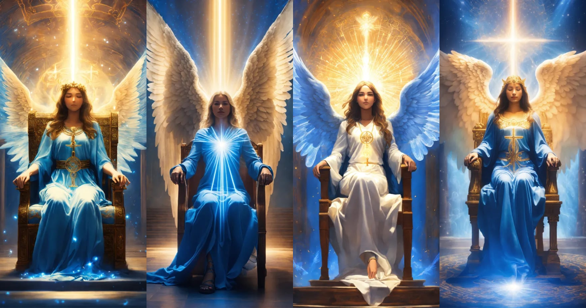 Lexica - People siting on a chair, angels with blue light surrend her ...