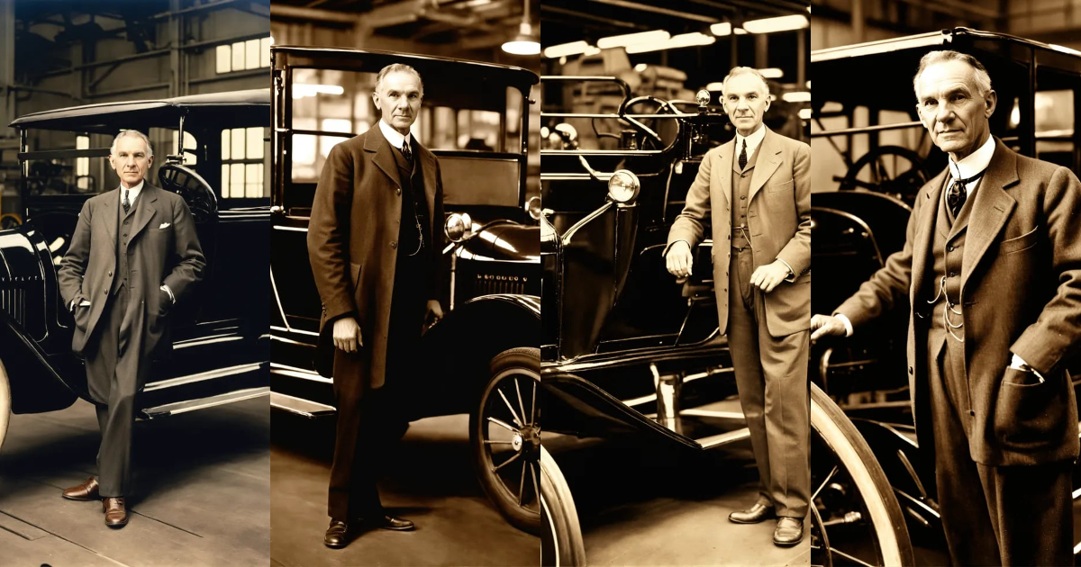 Lexica - Generate a vintage image of Henry Ford standing next to a ...