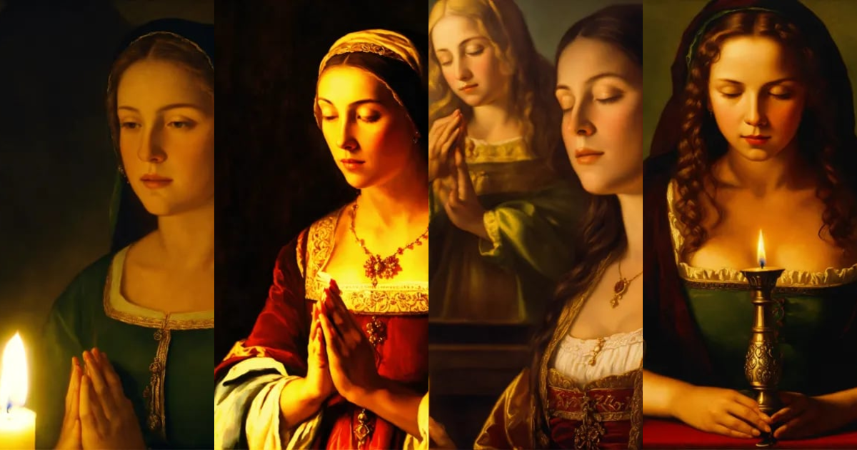 Lexica - Renaissance oil painting of a woman holding a candle to pray