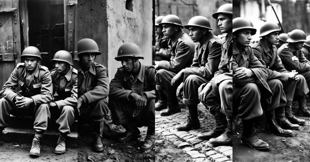 Lexica - Sad brown soldiers in World War II, black and white photo